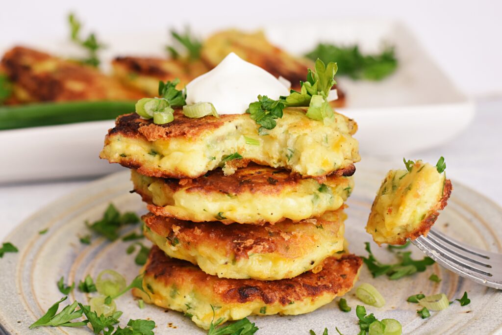 Mashed Potato Pancakes with green onion and herbs - elkeliving.com