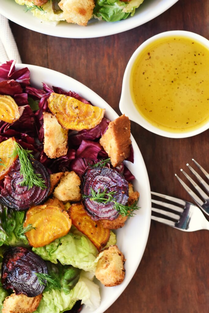 Roasted Beet Salad-homemade croutons-honey dijon dressing -elkeliving